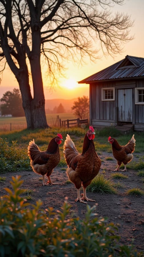 Chickens Roaming Farm at Sunset with Rustic Barn and Trees Stock Image ...