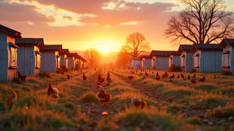 Chickens Roaming Farm at Sunset with Vibrant Sky and Barns Stock Photo ...