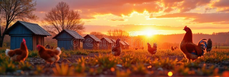 Chickens Roaming Freely at Sunset on a Farm with Rustic Barns Stock ...