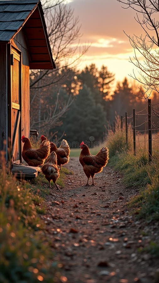 Chickens Roaming at Sunset on Rustic Farm Pathway with Wooden Coop and ...