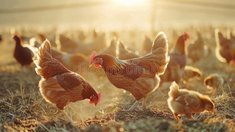 Chickens and Rooster on Farm at Sunrise Stock Image - Image of poultry ...