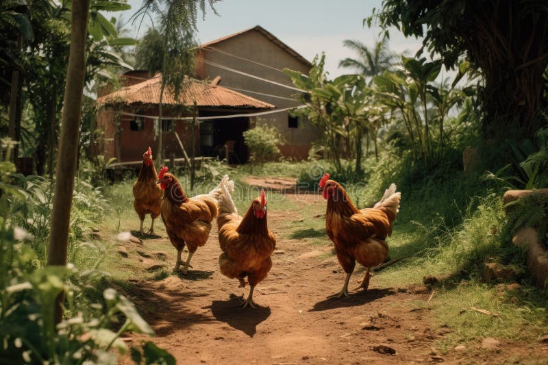 Chickens and Rooster Walking in the Farm, Vintage Tone Stock ...