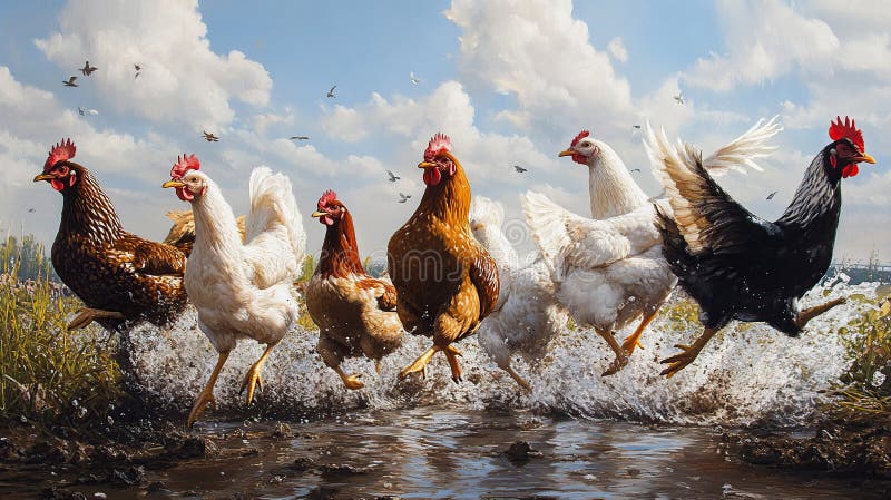 Chickens Running through Water, Splashing, Outdoors, Farm Stock ...