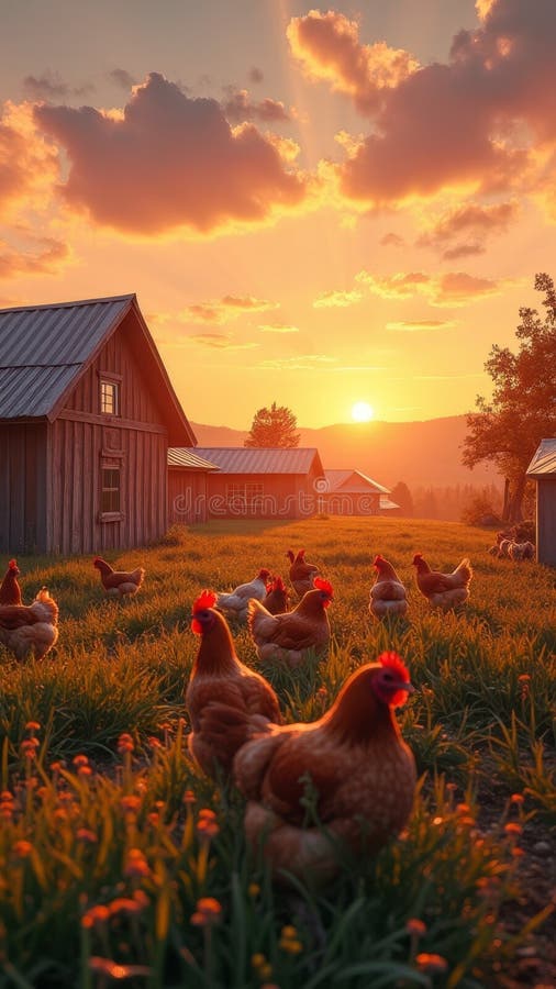 Chickens at Sunset on Rustic Farm with Barns and Sunny Skies Stock ...