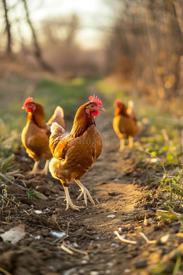 Chickens Walking on a Dirt Path Stock Photo - Image of rooster, poultry ...