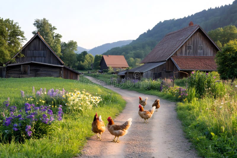 Chickens Walking on a Path in a Farm in the Black Forest Stock ...