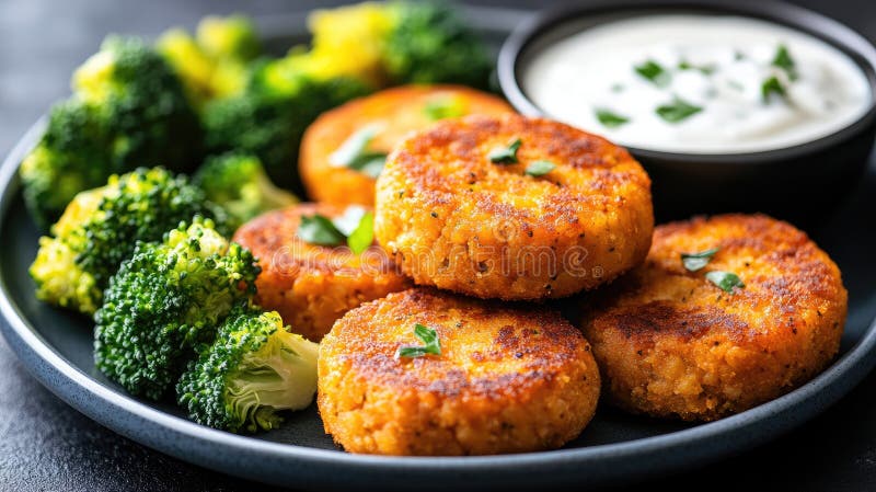 Chickpea Broccoli Cakes Plated Ranch Dressing Accompanied Fresh Carrots ...