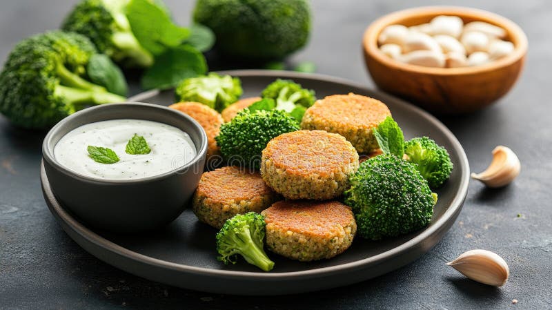 Chickpea and Broccoli Cakes are Plated with Ranch Dressing and ...