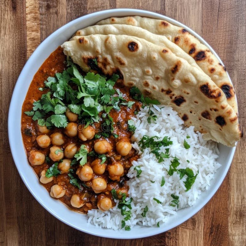 Chickpea Curry with Rice, Naan, and Cilantro Garnish Stock Illustration ...