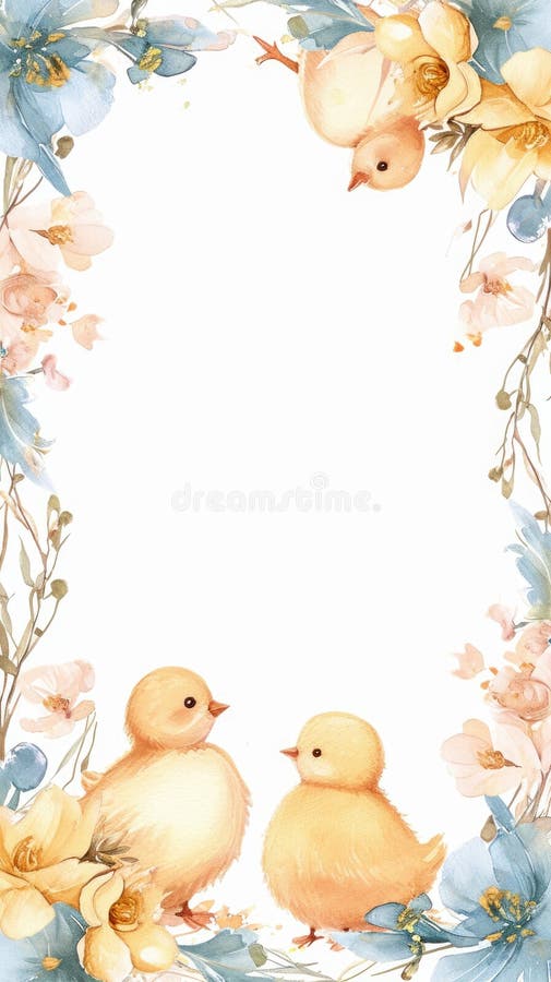 Chicks Border with Floral Frame. Chicks in a Watercolor Floral Frame ...