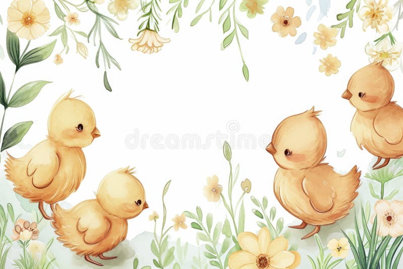 Chicks Border with Floral Frame. Chicks in a Watercolor Floral Frame ...