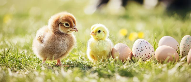 Chicks Explore Field by Colorful Eggs Stock Photo - Image of easter ...