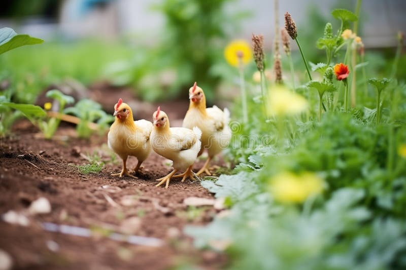 Chicks Following Hen through a Vegetable Garden Stock Illustration ...