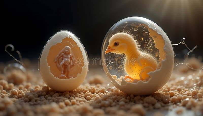 Chicks Hatching Eggs and a Human Figure within Shell, Light Brown Stock ...