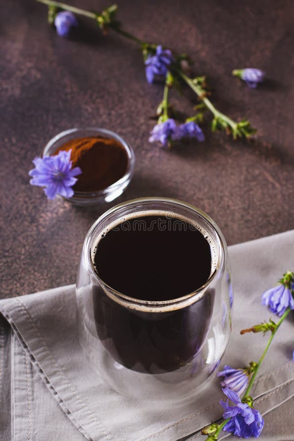 Chicory Drink in a Cup, Powder and Flower on the Table Vertical View ...