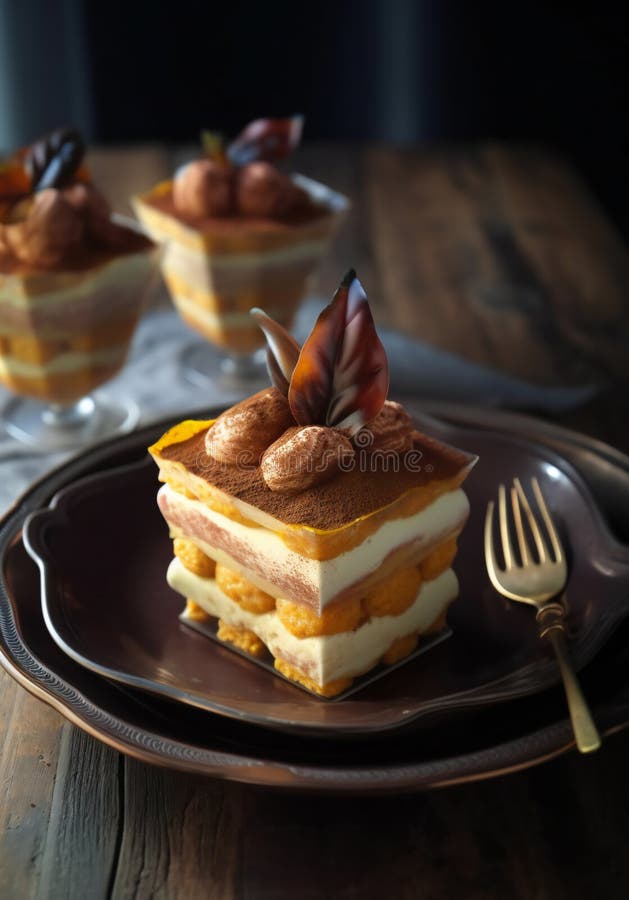 Chicory Pumpkin Tiramisu a Stack of Desserts Sitting on Top of a Silver ...