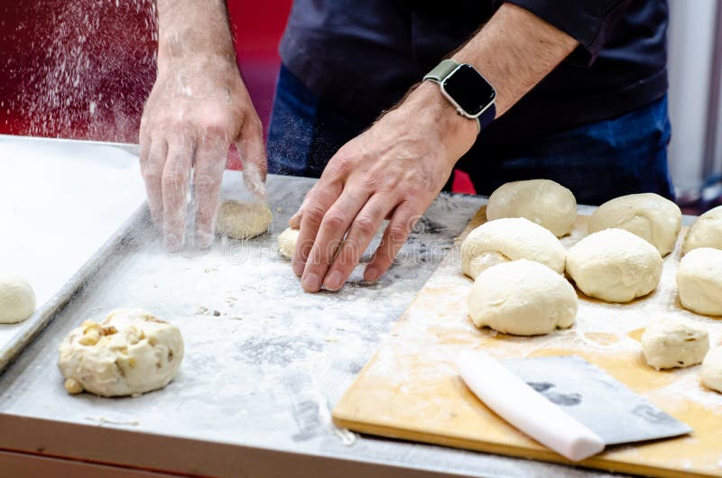Chief Baker Preparing Dough for Bread in a Bakery. Kitchen Professional ...