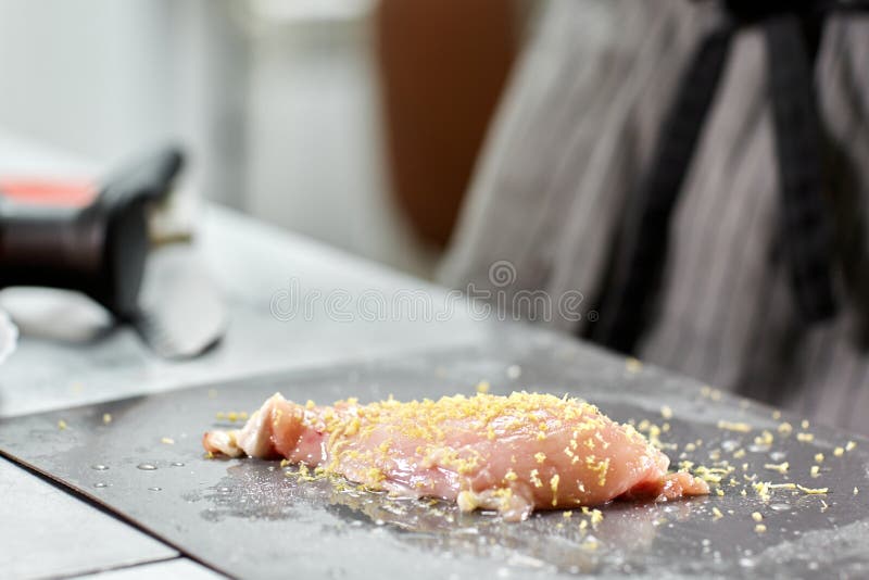 Chief Chops and Marinates Chicken. Professional Chef in a Kitchen of ...