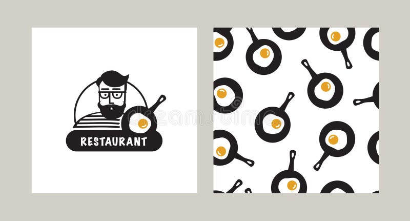 Chief Cook in Cap Symbol or Logo. Cute Seamless Pattern with Fried Eggs ...