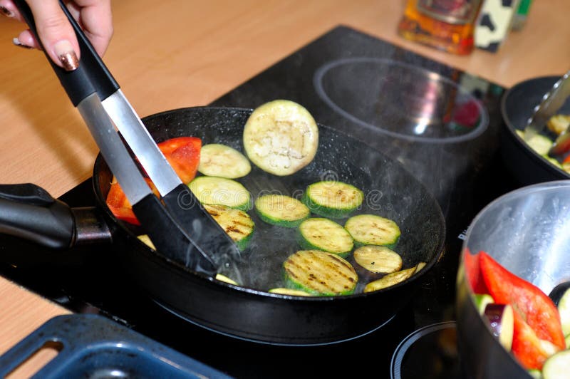 Chief Cooks Fried Vegetables on Pan Stock Image - Image of expertise ...