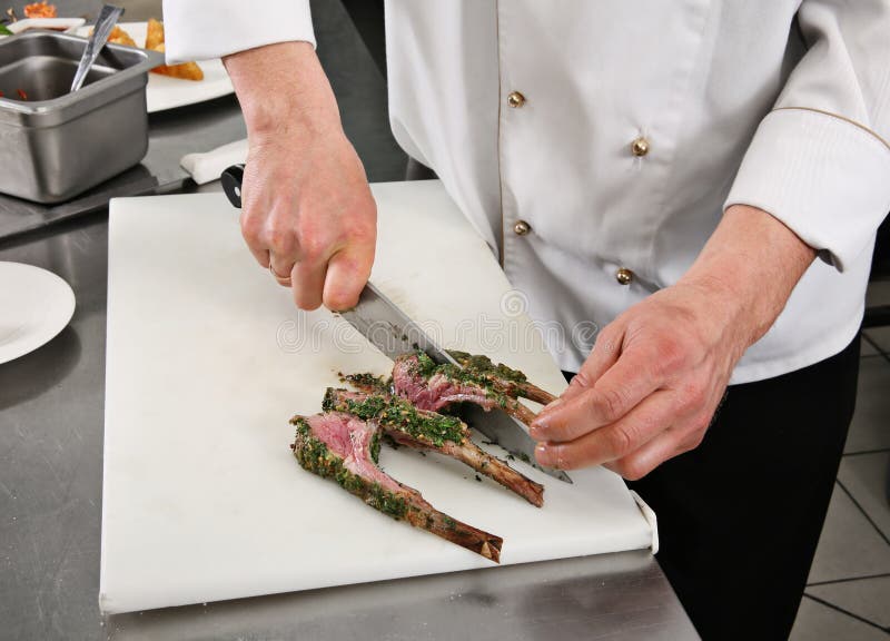 Chief cutting lamb rib stock photo. Image of preparing - 9881514