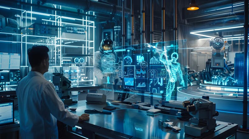 Chief Engineer Analyzing Holographic Display with Collaborating ...