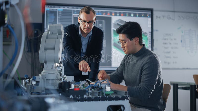 Concentrated Teacher Helping Asian Engineer Student Working with ...