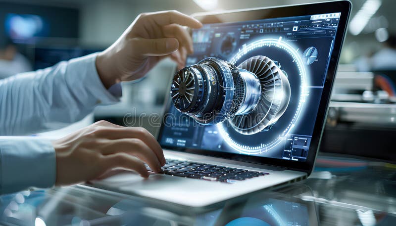 Chief Engineer Using Laptop Computer, Analyzing and Researching How a ...