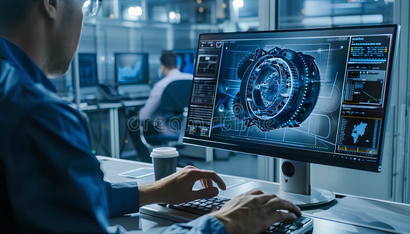 Chief Engineer Using Laptop Computer, Analyzing and Researching How a ...