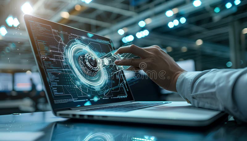 Chief Engineer Using Laptop Computer, Analyzing and Researching How a ...