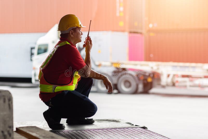 Engineer Foreman Radio Control Loading in Port Cargo Goods Shipping ...