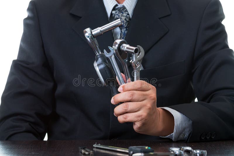 Chief Mechanical Engineer Holding Many Tools and Measurement Equipment ...