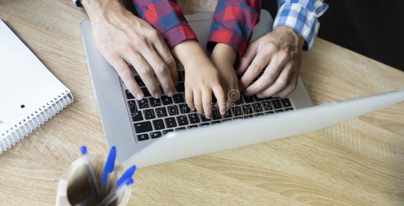 Child and Adult Hands on Computer Keyboard, Home School, Video Call ...
