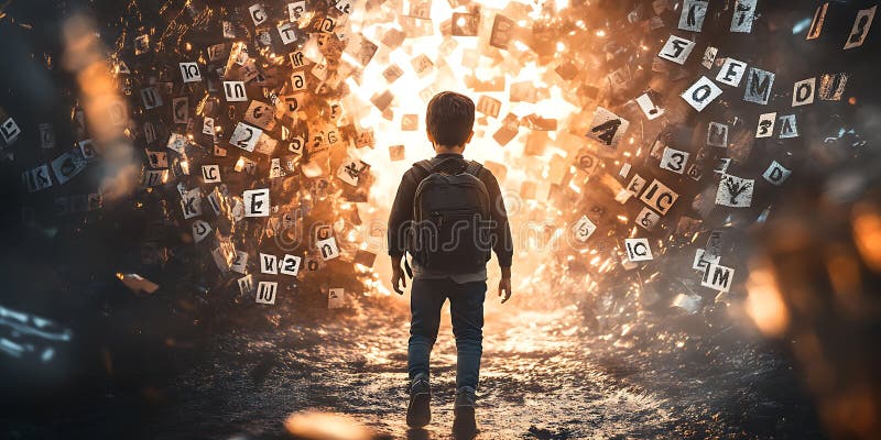 Child Amidst Falling Letters Imagination Knowledge Background Wallpaper ...