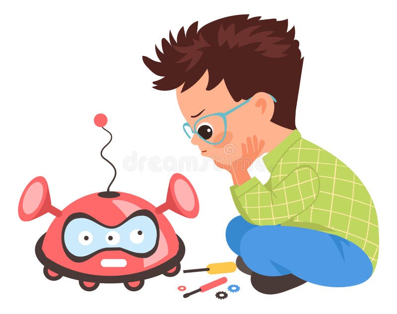 Child Assembles Robot. Boy Fixing Robotic Toy. Smart Kid Creating ...