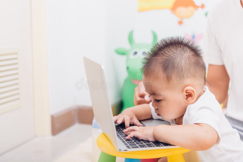 Child Baby Boy Working Using Laptop Computer Stock Photo - Image of ...