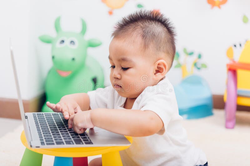 Child Baby Boy Working Using Laptop Computer Stock Photo - Image of ...