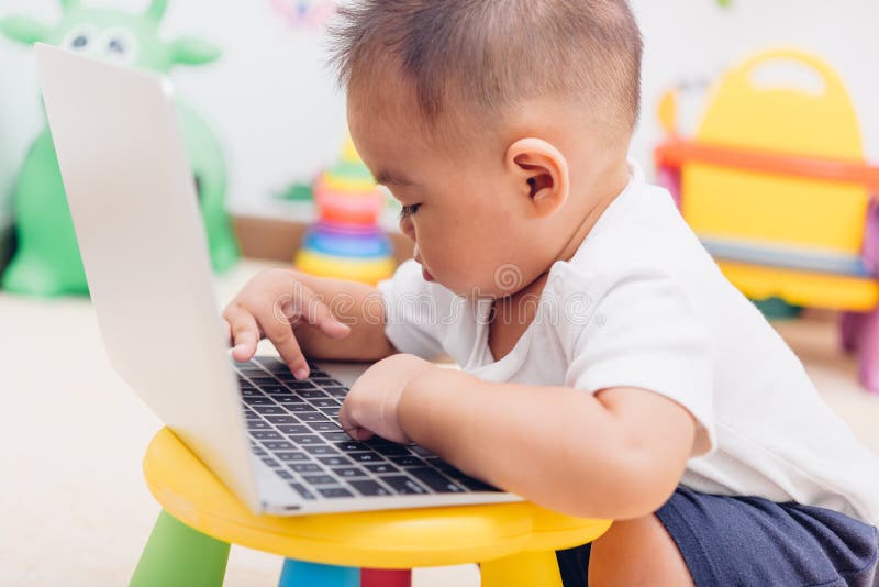 Child Baby Boy Working Using Laptop Computer Stock Image - Image of ...