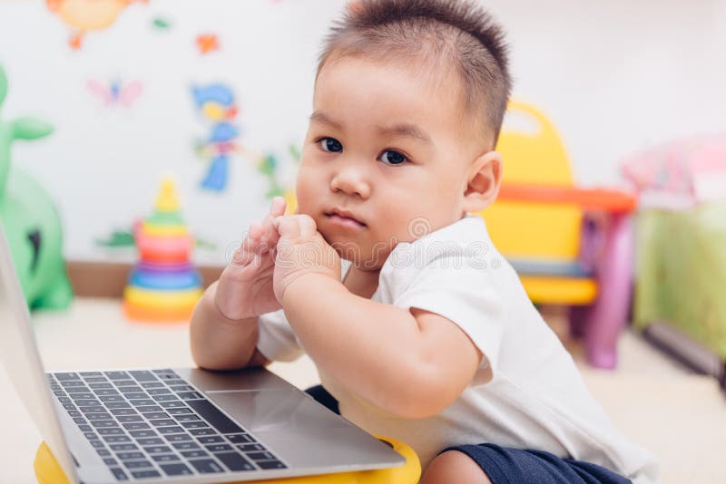 Child Baby Boy Working Using Laptop Computer Stock Image - Image of ...