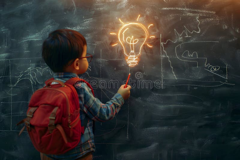 Child with Backpack Drawing Glowing Light Bulb on Chalkboard,Education ...