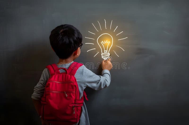 Child with Backpack Drawing Glowing Light Bulb on Chalkboard Education ...