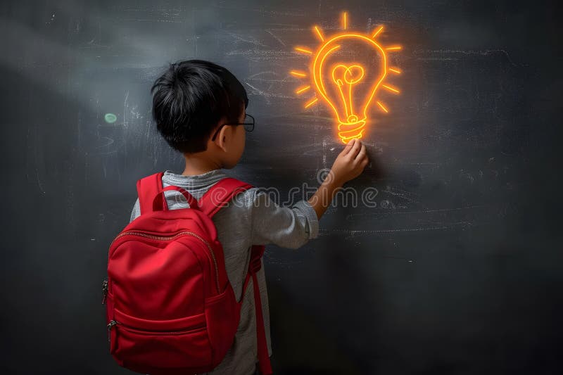 Child with Backpack Drawing Glowing Light Bulb on Chalkboard Education ...
