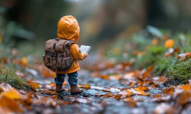 Child with Backpack Reading a Book on a Leaf-strewn Pathway Stock Photo ...
