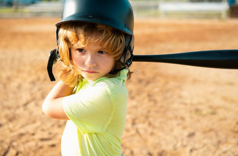Child Baseball Player Focused Ready To Bat. Kid Holding a Baseball Bat ...