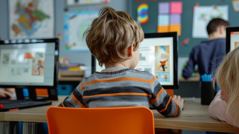 Child from Behind, Focused on a Computer Screen during a Computer Class ...