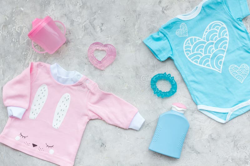 Child Birth Concept. Clothes and Accessories for Newborn on Grey ...