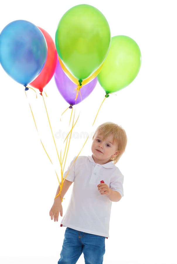 Child Boy with Bunch of Colourful Balloons Stock Photo - Image of ...