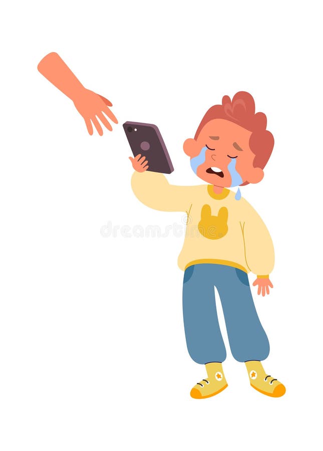 Crying boy with tablet. stock vector. Illustration of abuse - 89761804