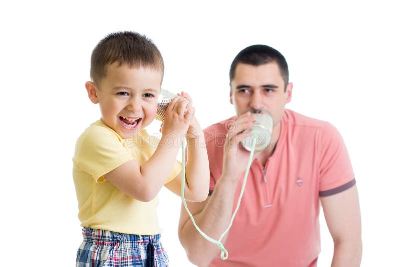 Kid and Dad Having a Phone Call with Tin Cans Stock Photo - Image of ...