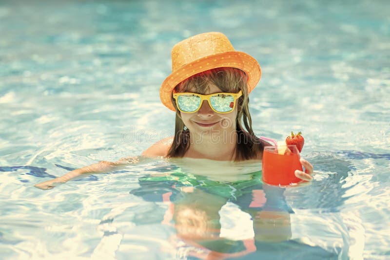 Child Boy Drinking Summer Coctail in the Pool. Stock Photo - Image of ...